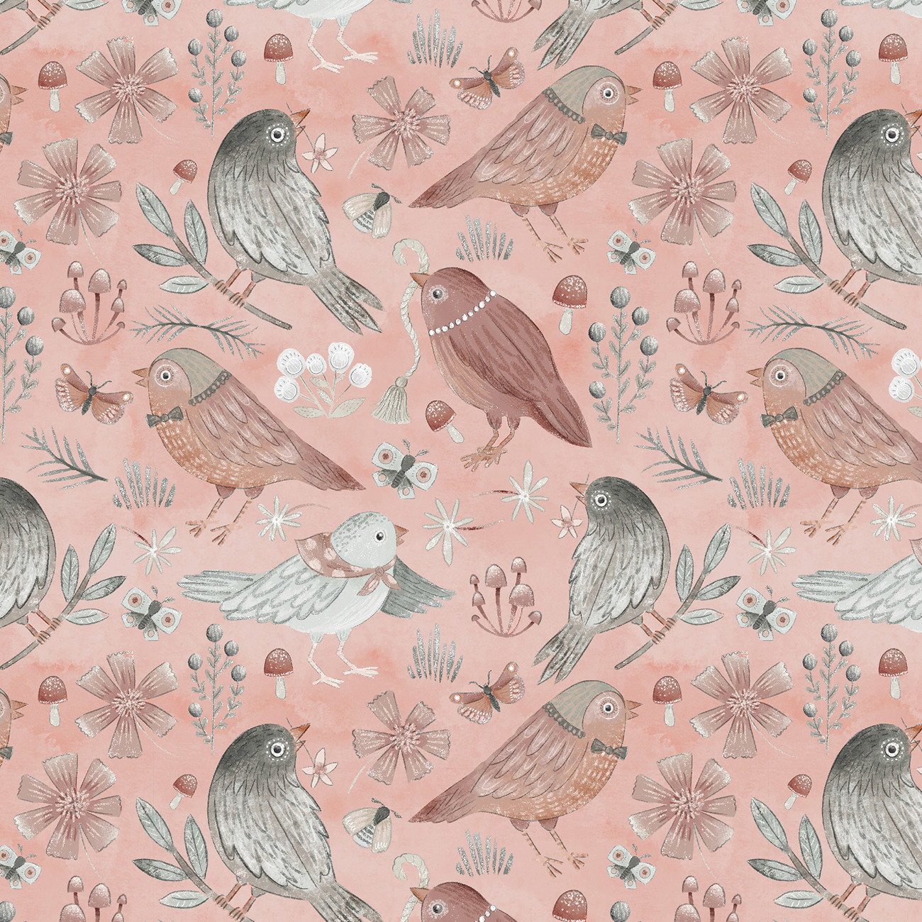 Dusty Rose Birds 4 Inch repeat