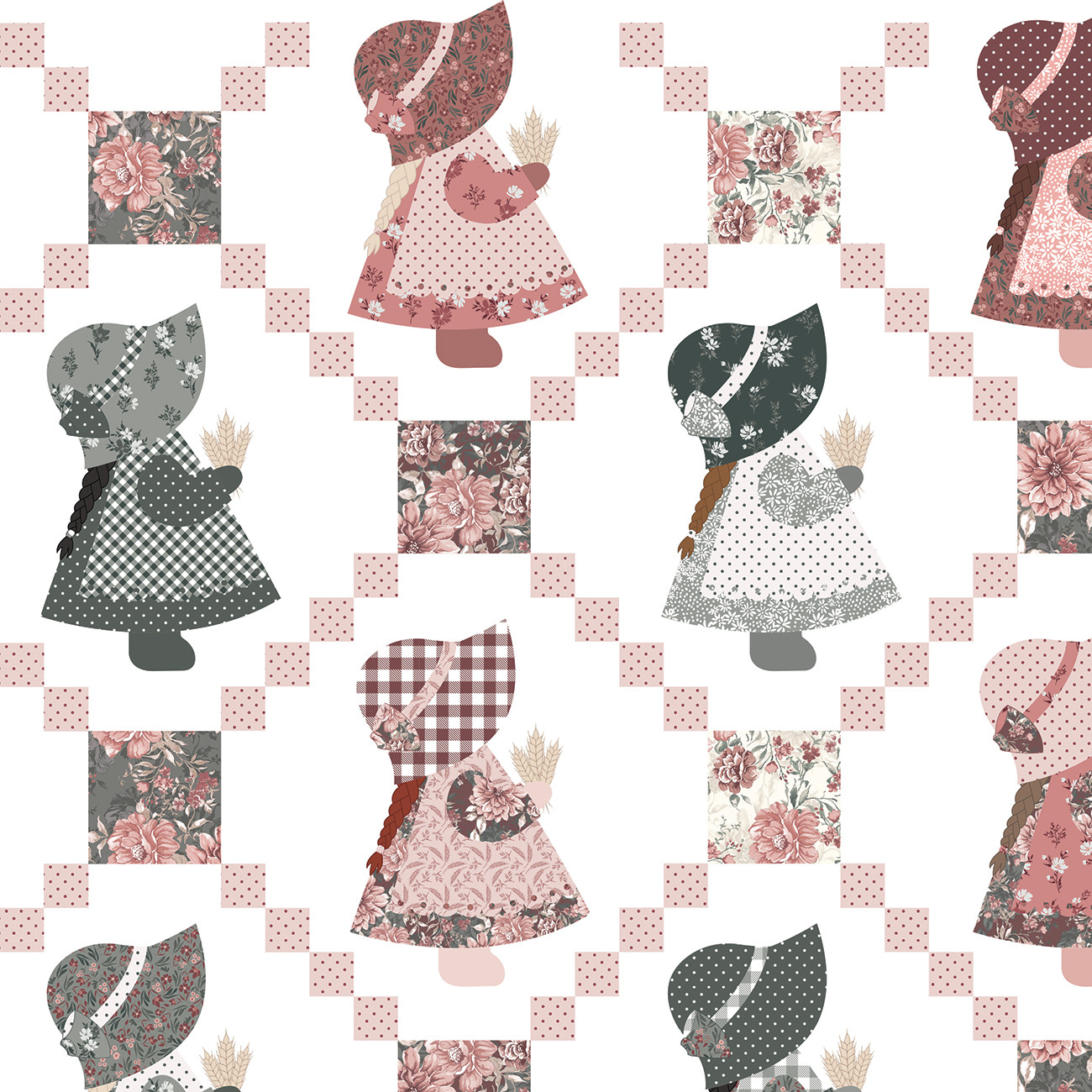 A Walk on the Prairie 107/108in Sunbonnet Sue Wide Back White